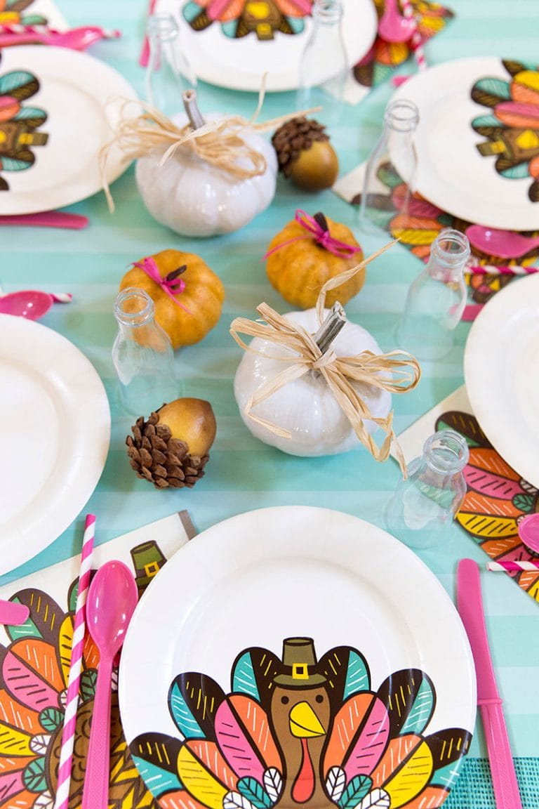 Bright + Colorful Thanksgiving Kids Table! | Pizzazzerie