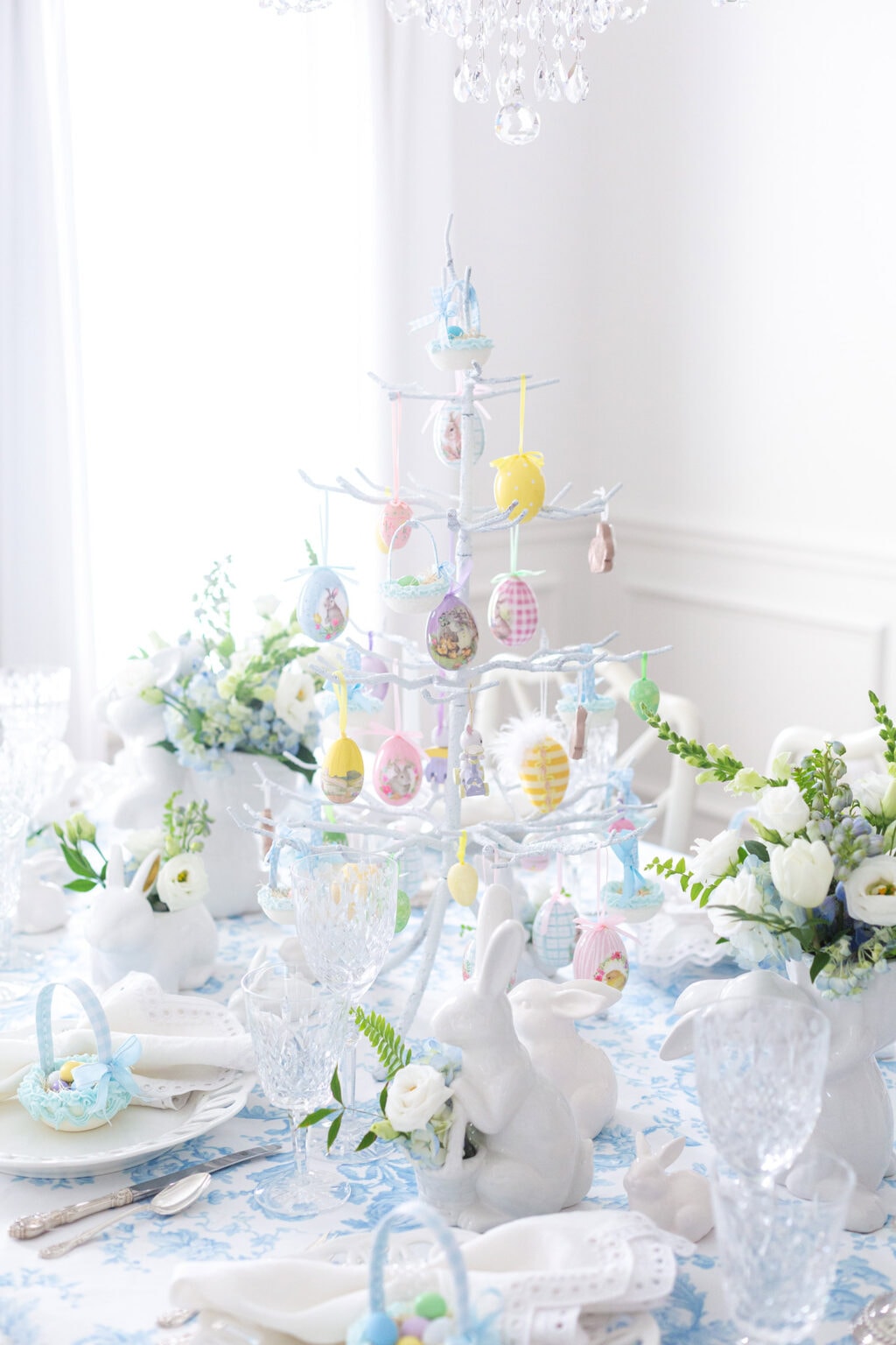 Blue and White Easter Tablescape with Charming Sugar Baskets - Pizzazzerie