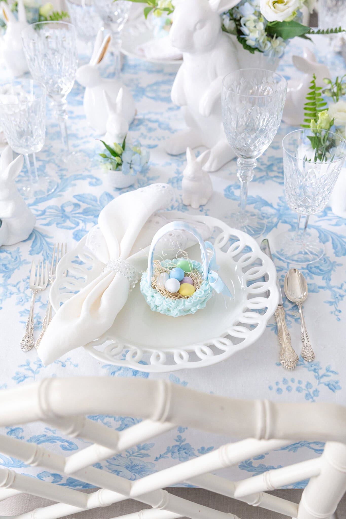 Blue and White Easter Tablescape with Charming Sugar Baskets - Pizzazzerie