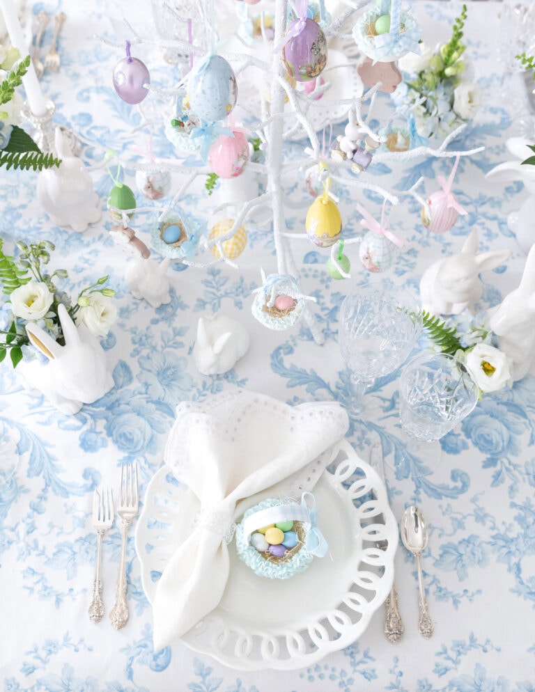 Blue and White Easter Tablescape with Charming Sugar Baskets - Pizzazzerie